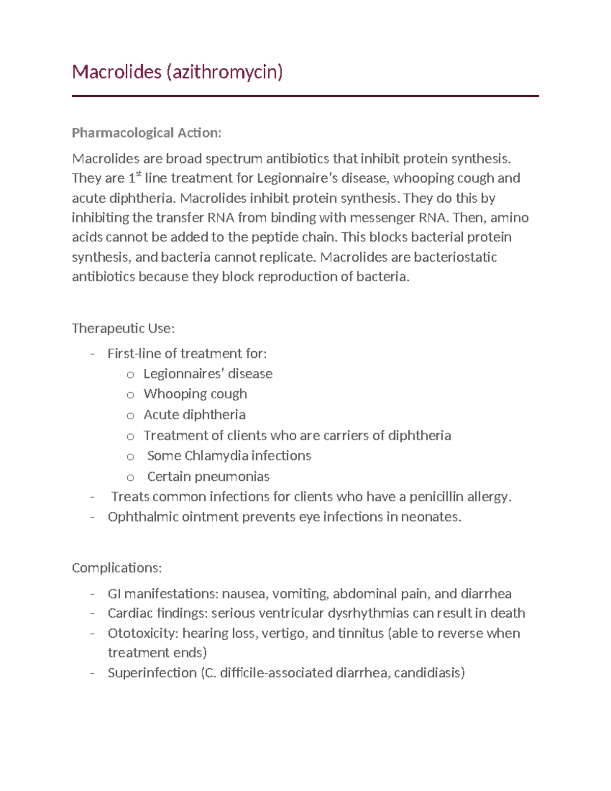 Macrolides (AZI 101) Pharmacological Actions & Therapeutic Uses - Studocu