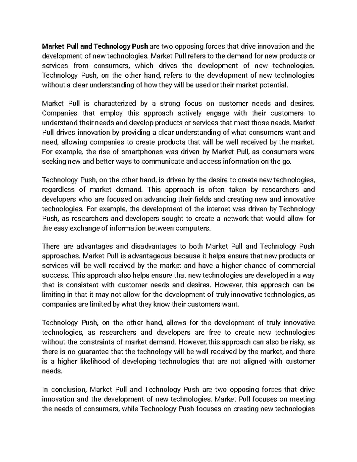 SPM22 - Analysis of Market Pull vs Technology Push Strategies - Studocu