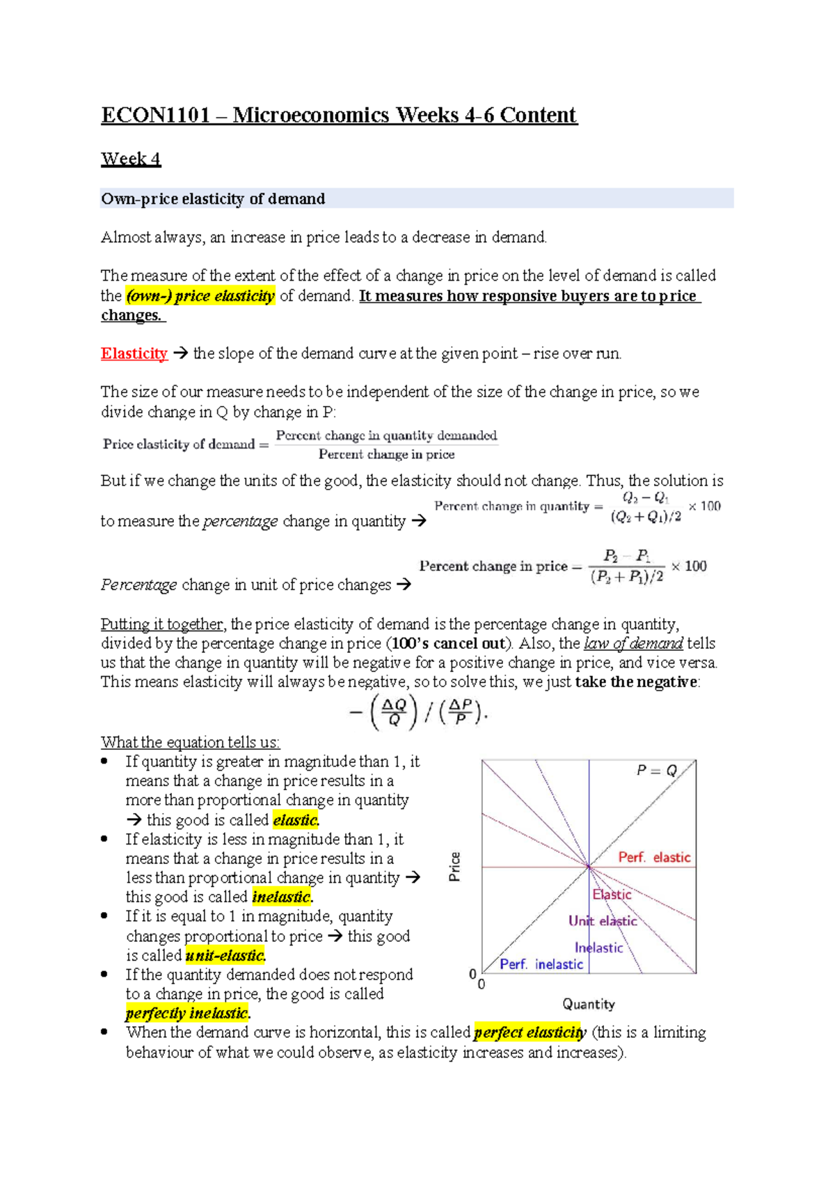 ECON1101 Microeconomics Weeks 4-6: Elasticity of Demand & Market ...