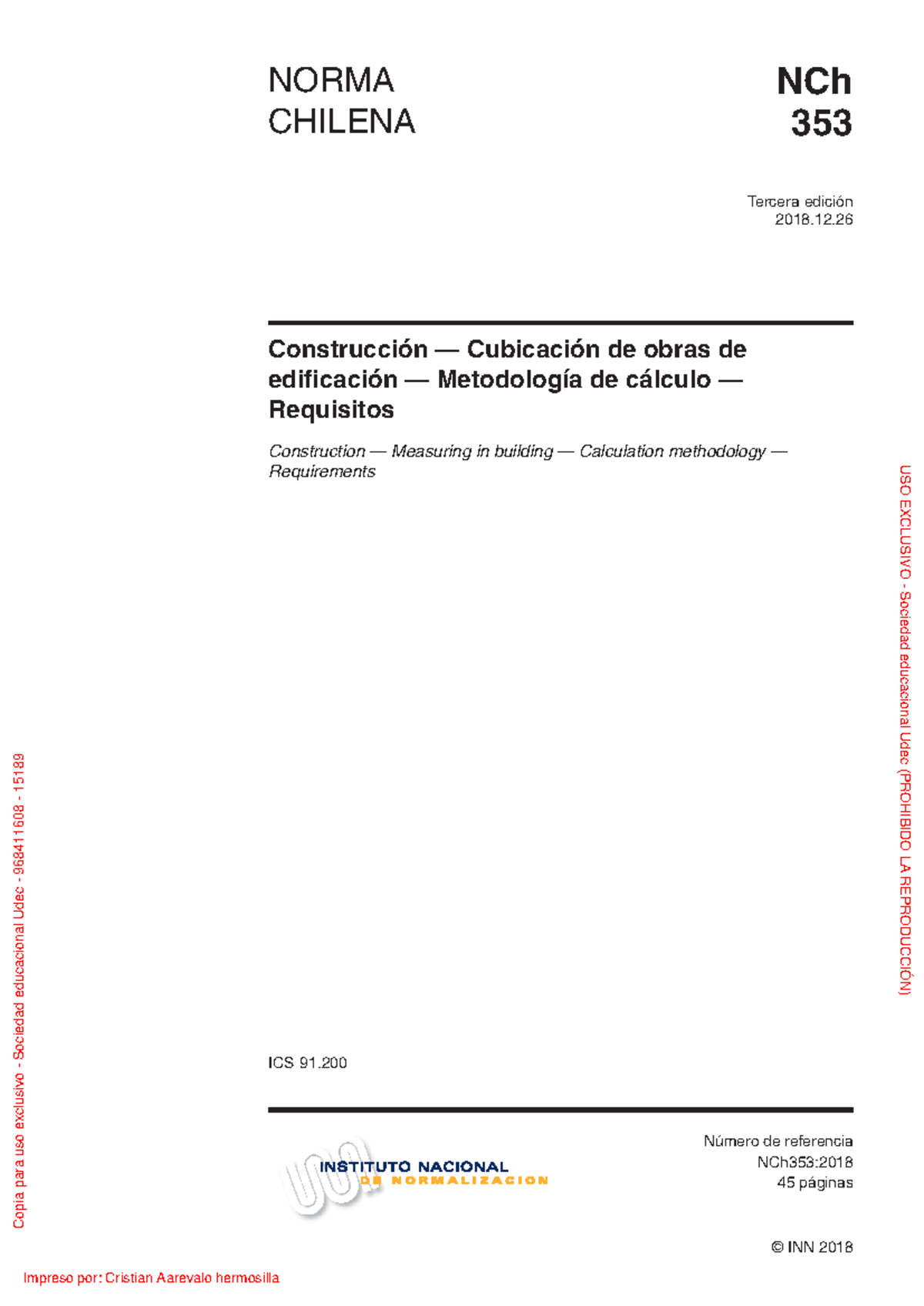 NCh 353: Metodología de Cálculo para Cubicación de Obras de Edificación - Studocu