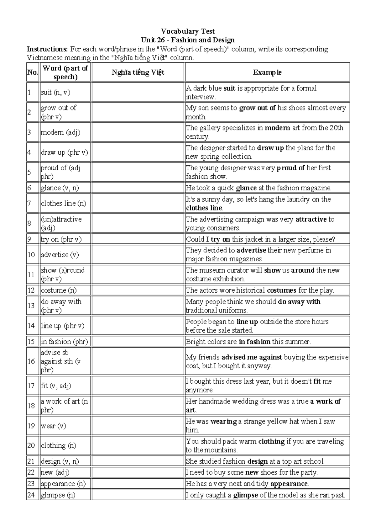 ACA790 Vocabulary Test: Unit 26 Fashion & Design - Studocu