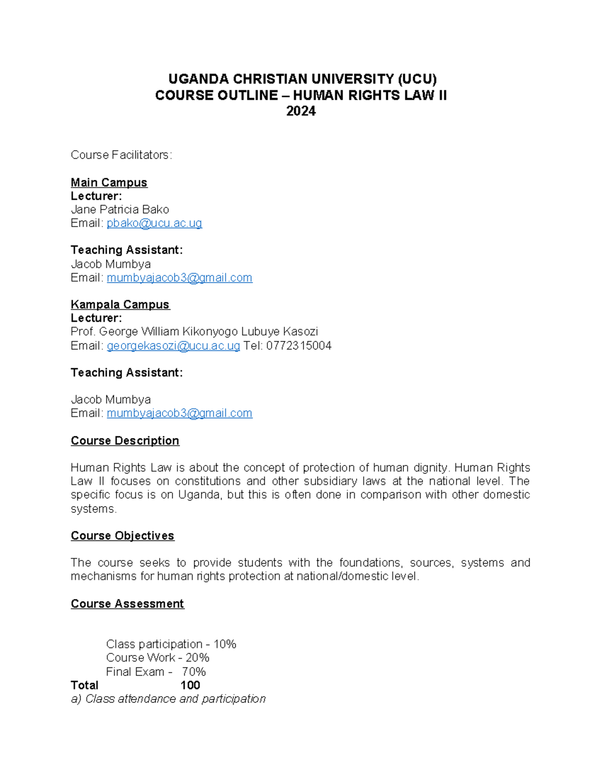 Human Rights Law II Course Outline - UCU 2024 - Studocu