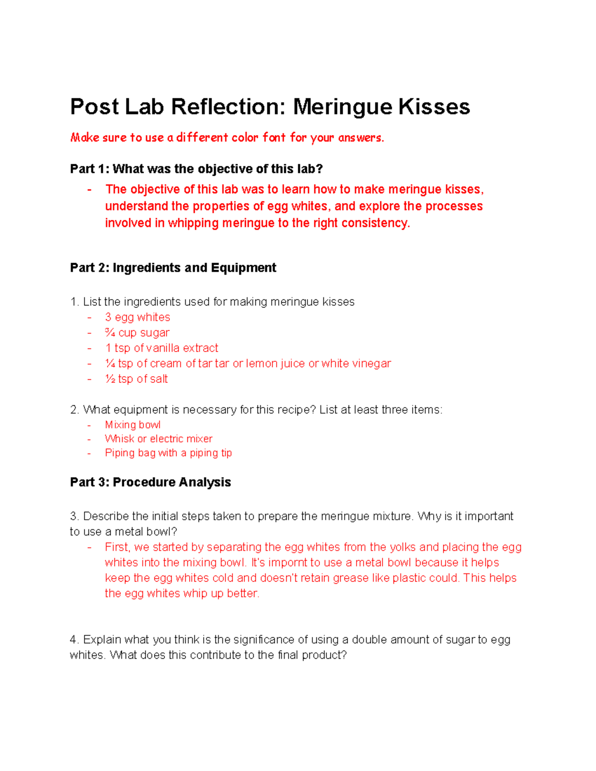 Copy of Culinary 1 - Post Lab Reflection Meringue Kisses - Post Lab ...