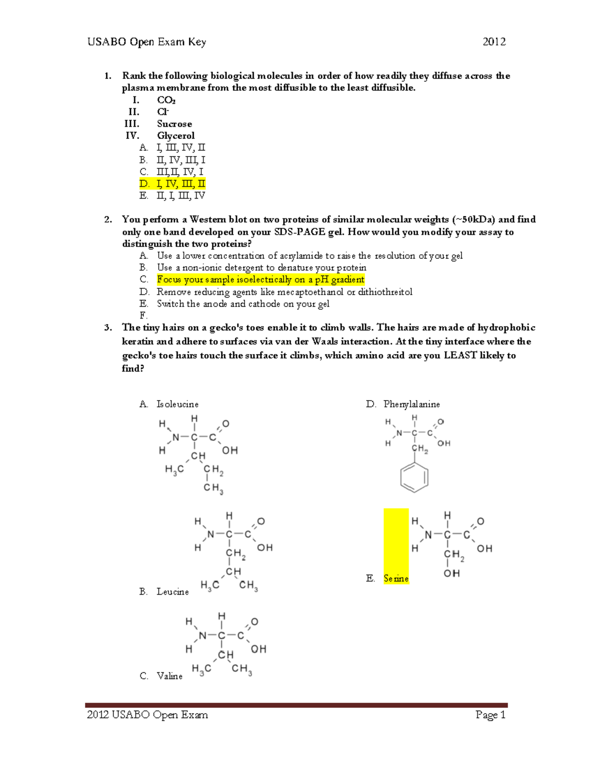 2012 USABO Open Exam Answer Key - Detailed Solutions - Studocu