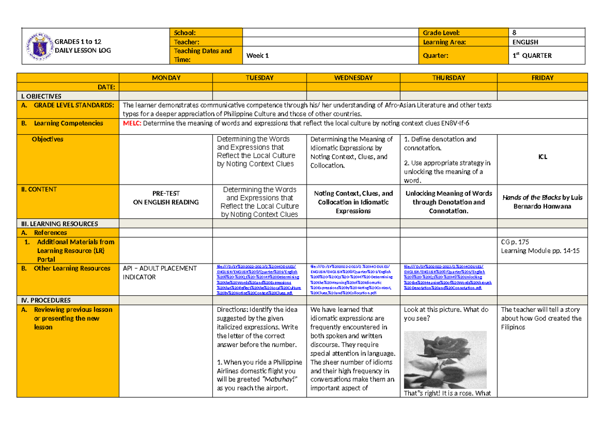 English 8 Q1 W1 Understanding Local Culture Through Context Clues - Studocu