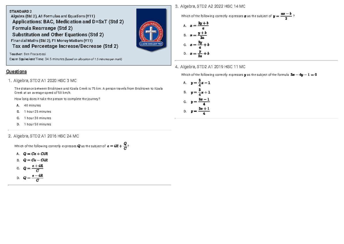 Formulas and Equations Quiz: STD2 A1 & A2 HSC 2022-2021 - Studocu