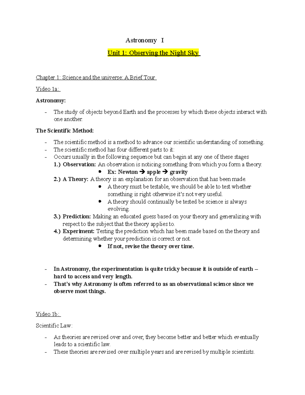 Astronomy I Unit 1 - Lecture Notes on Night Sky & Scientific Method ...