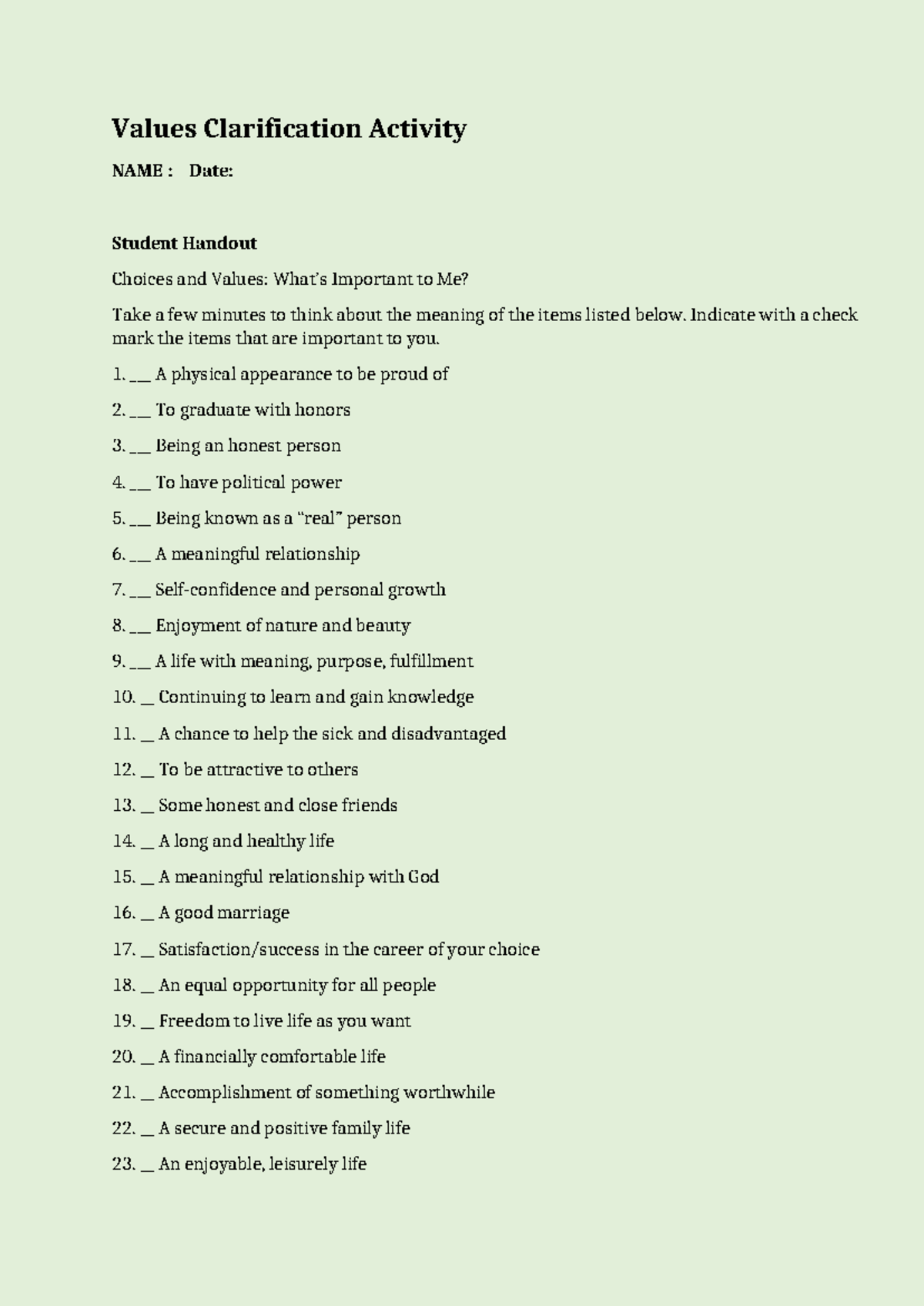 2805NRS Week O Value Clarification Activity Handout - Studocu
