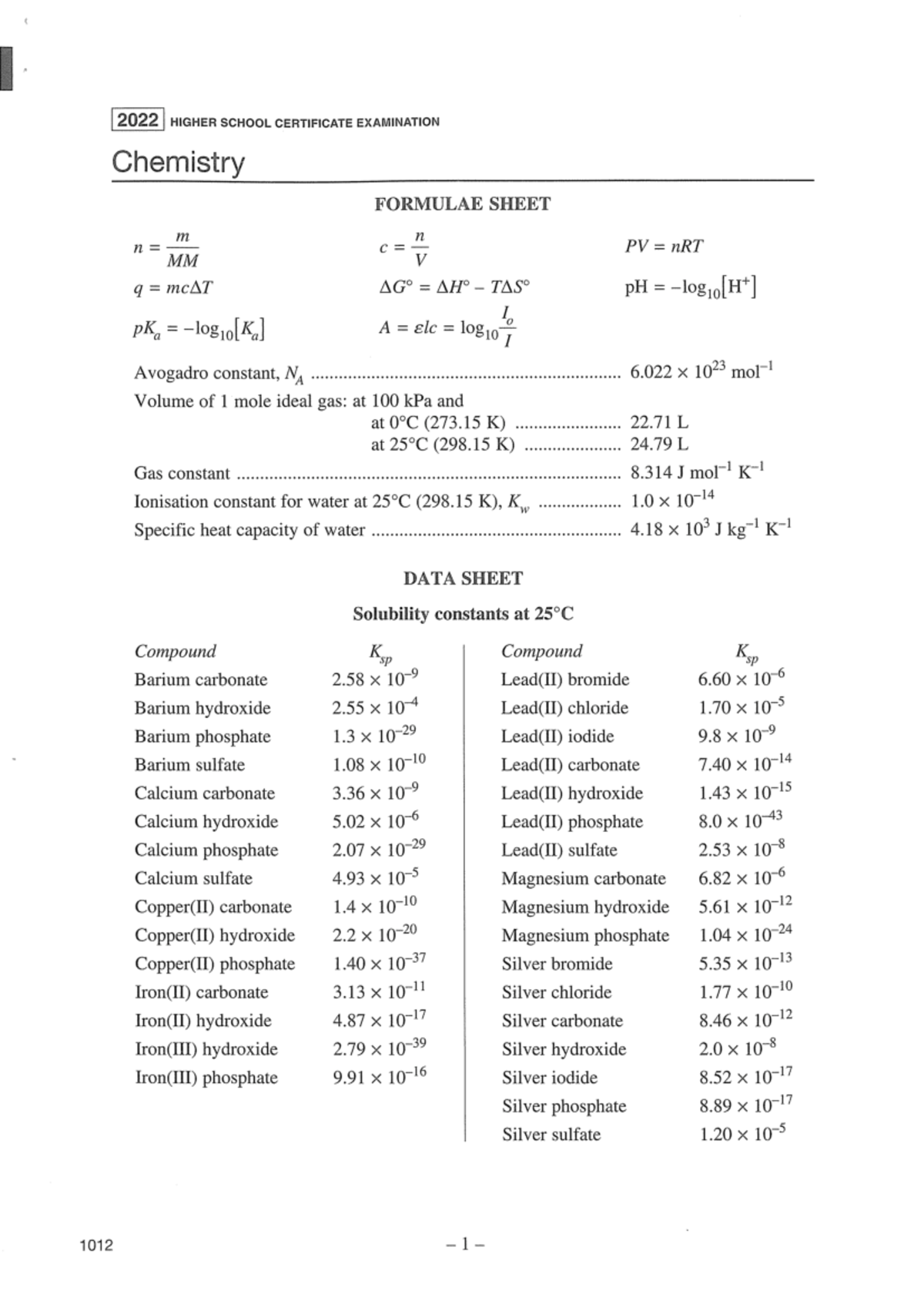 HSC Chemistry 2022 Data Sheet for Exam Preparation - Studocu