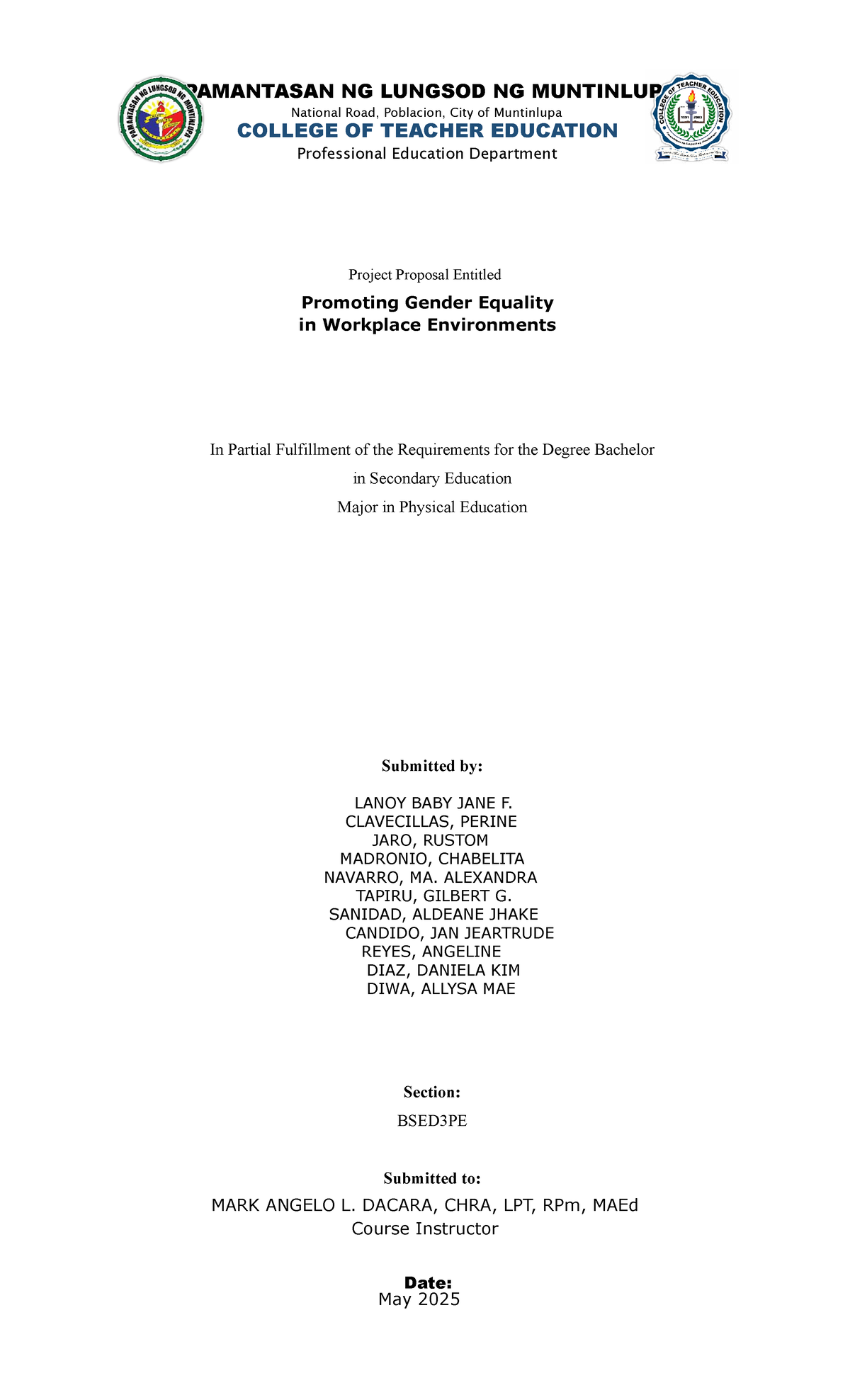 BSED3PE Project Proposal: Promoting Gender Equality in Workplaces - Studocu