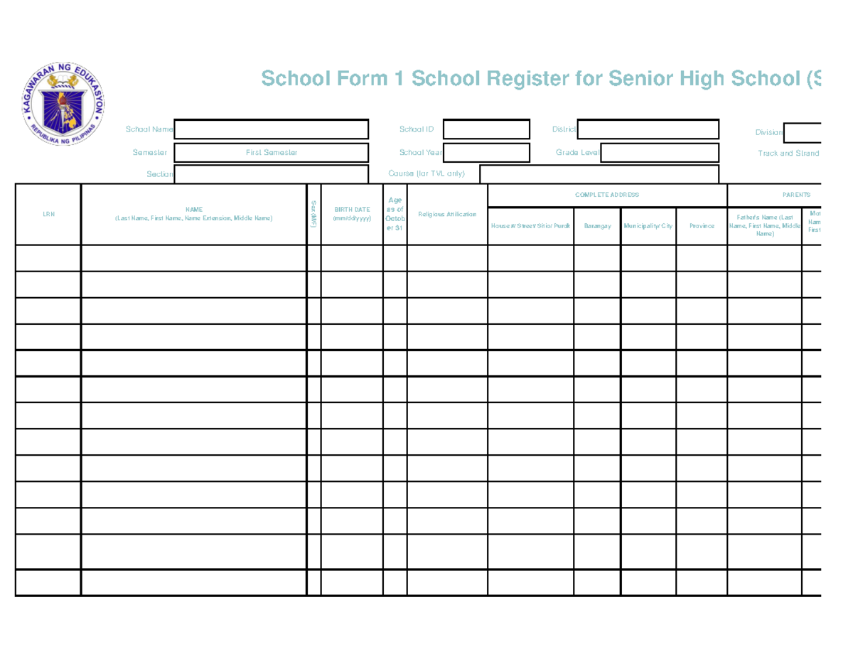 SF3 - School Form 1 Register for Senior High School Template - Studocu