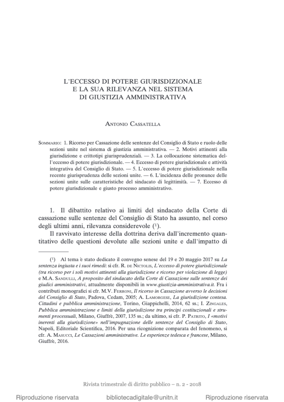 A. Cassatella, L'eccesso di potere giurisdizionale e la sua rilevanza nel sistema di giustizia ...