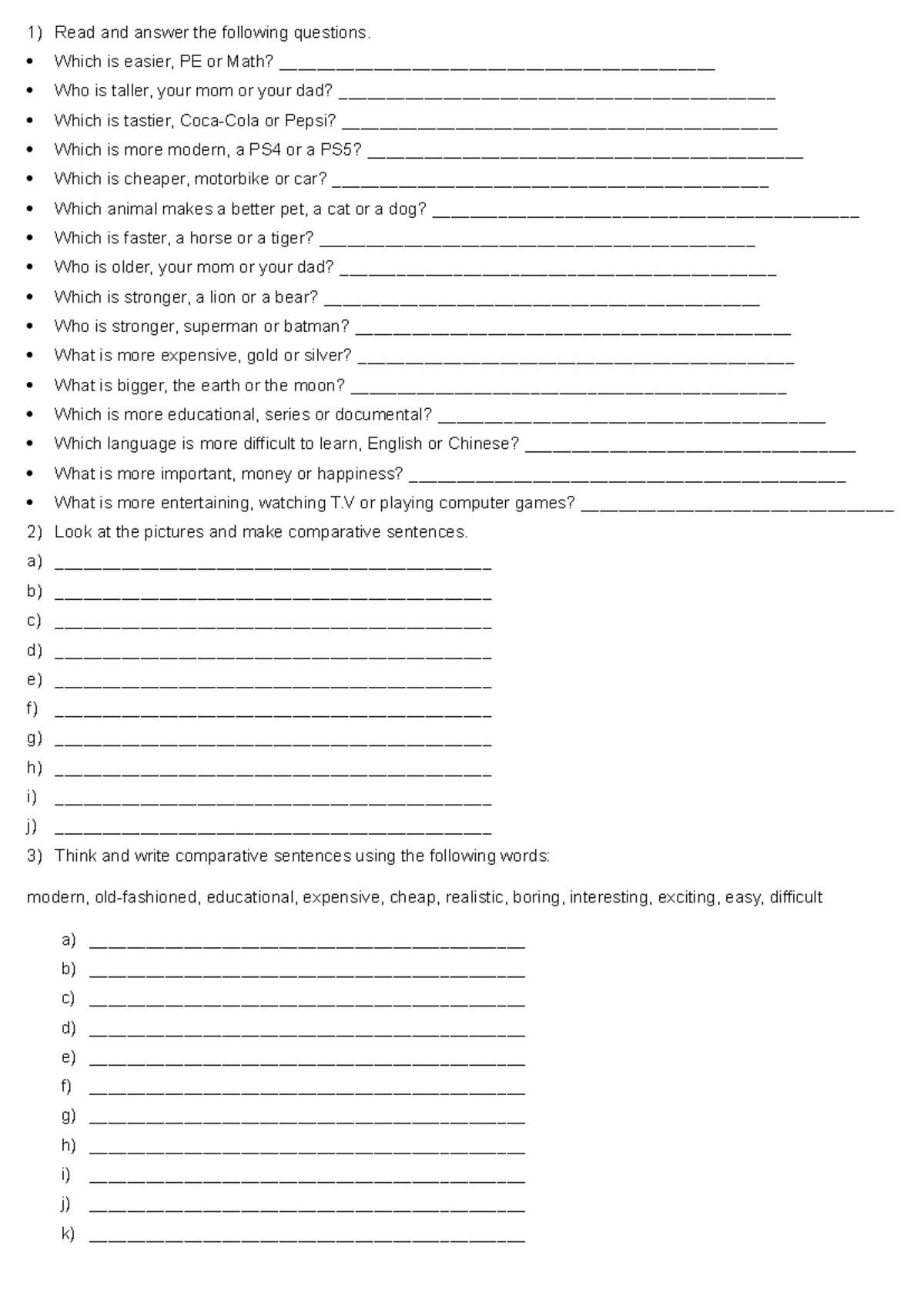 Comparative Questions and Sentences Practice for English Class - Studocu