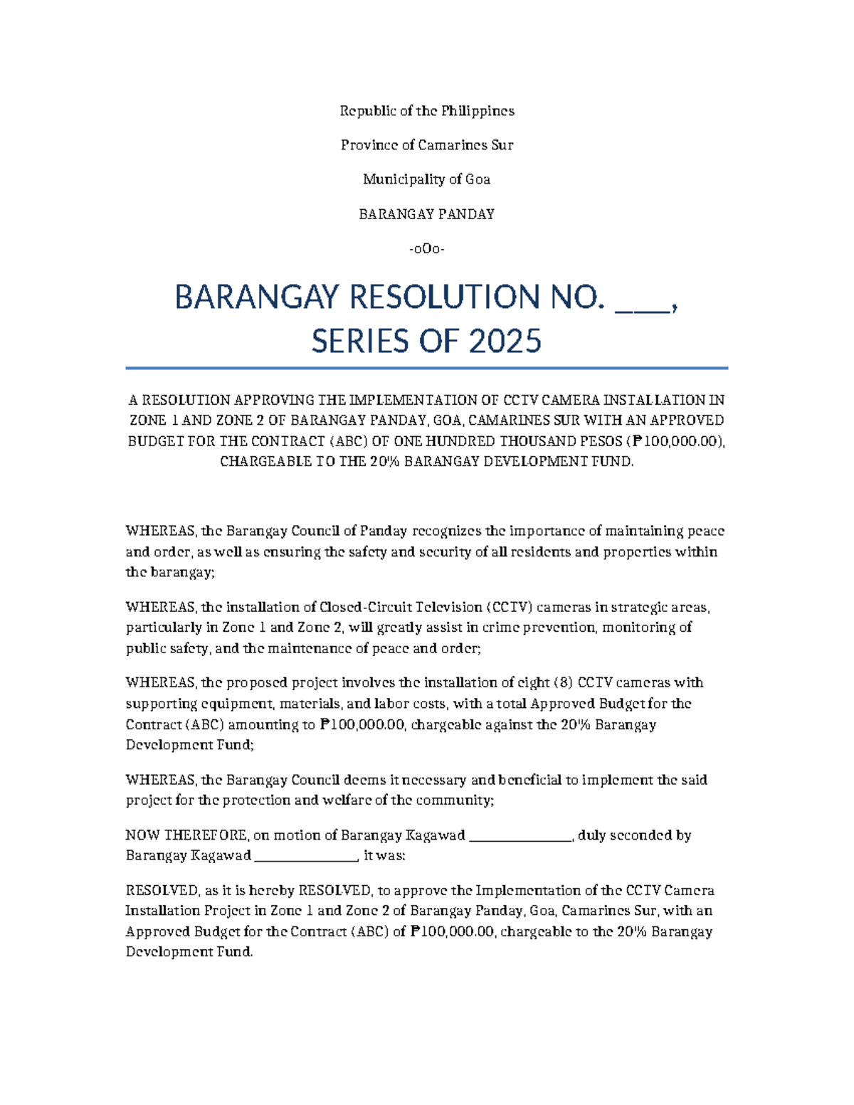 Barangay Resolution No. 2025: CCTV Installation in Panday Zones 1 & 2 ...
