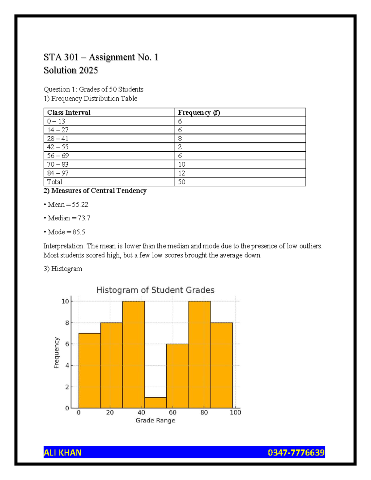 STA301 Assignment No. 1 Solution 2025 by Ali Khan - Studocu