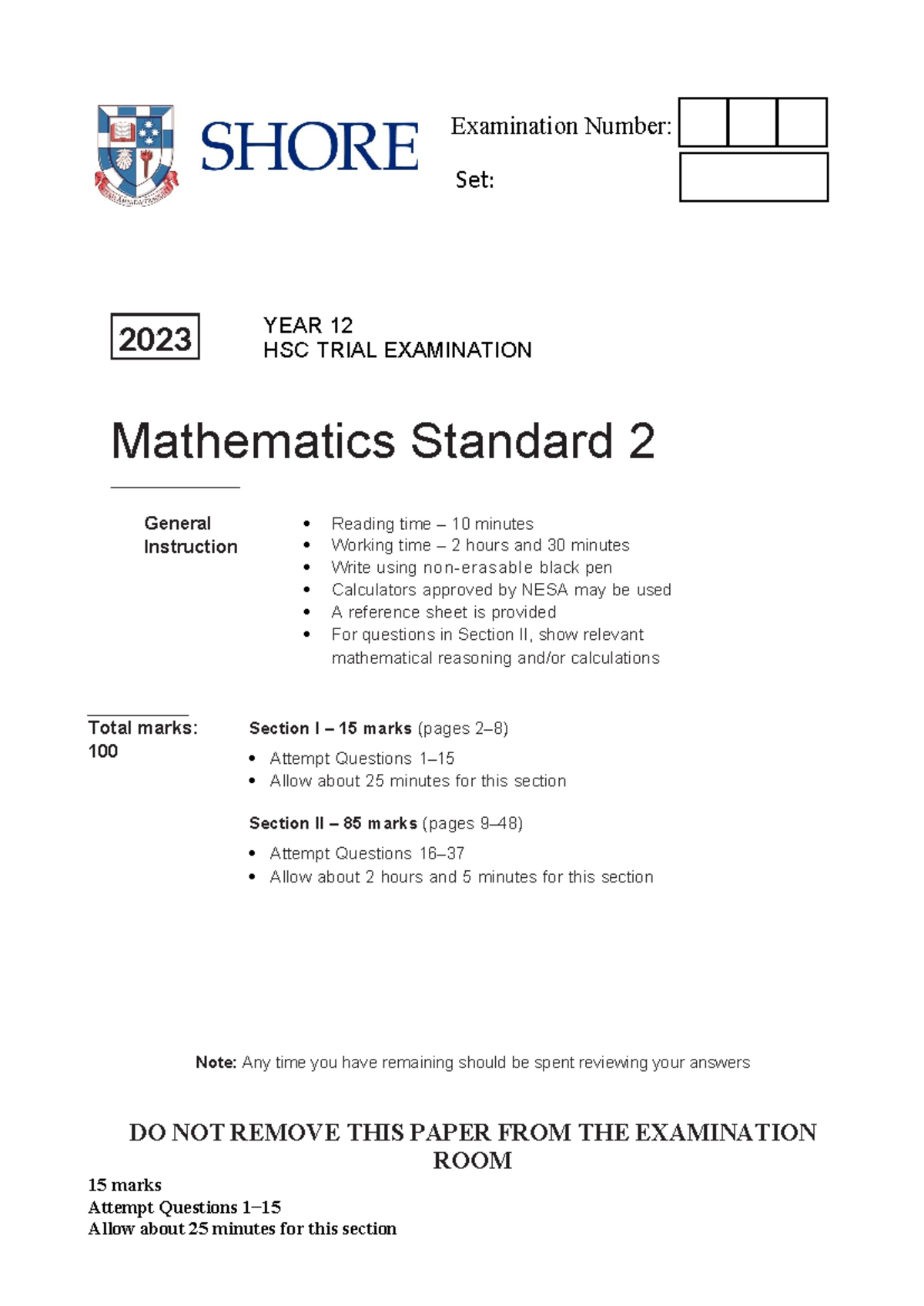 2023 Year 12 HSC Trial Exam: Mathematics Standard 2 - Studocu