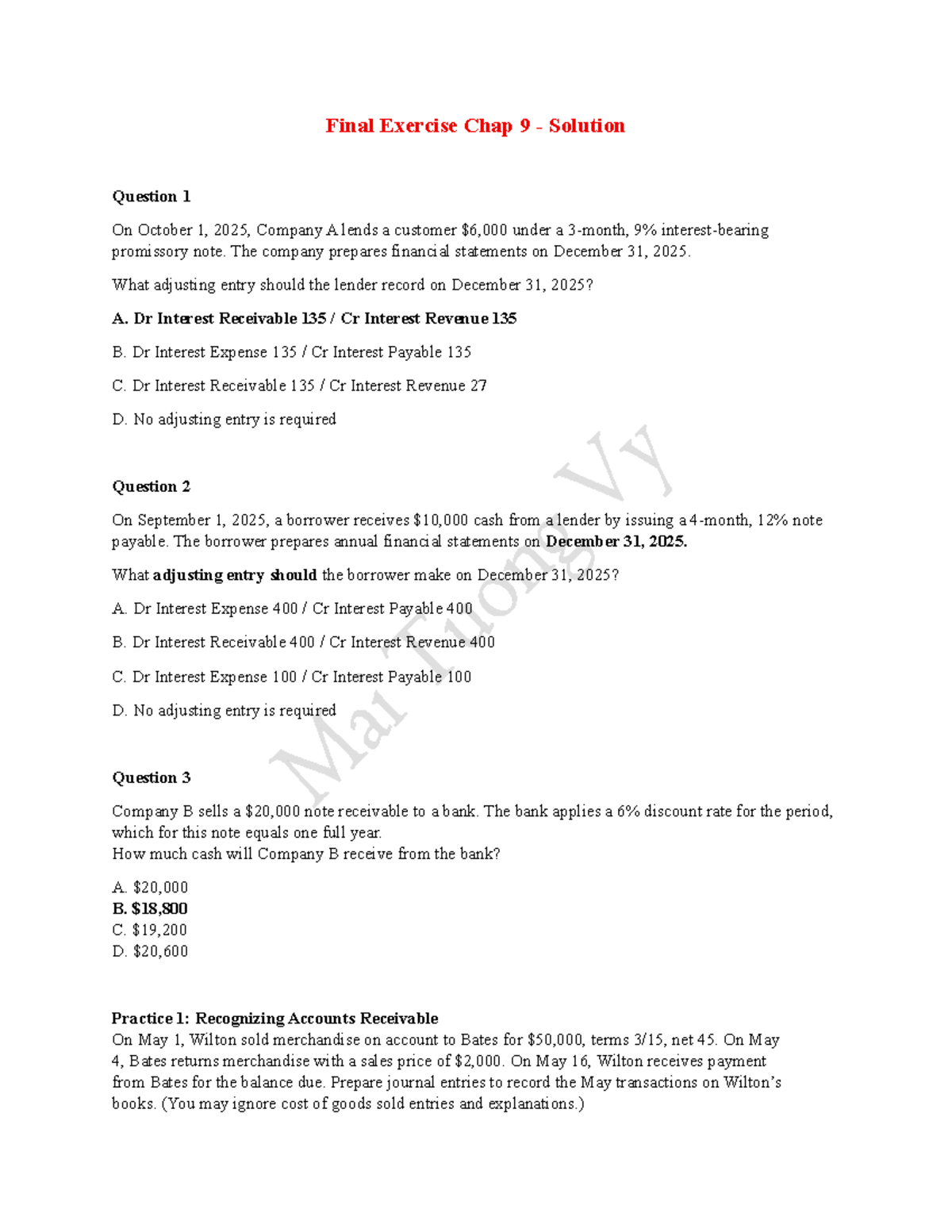Final Exam Chap 9 Solutions & Practice Exercises for Financial ...