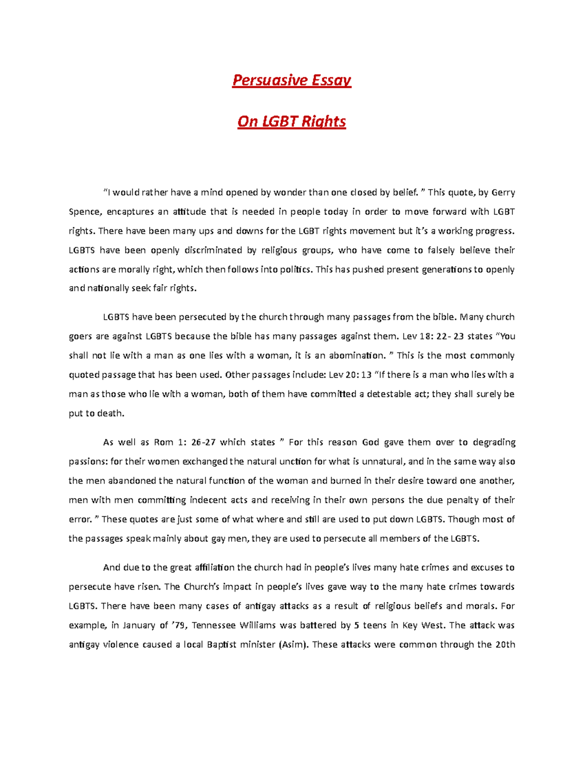 Persuasive Essay on LGBT Rights: Social and Political Challenges - Studocu
