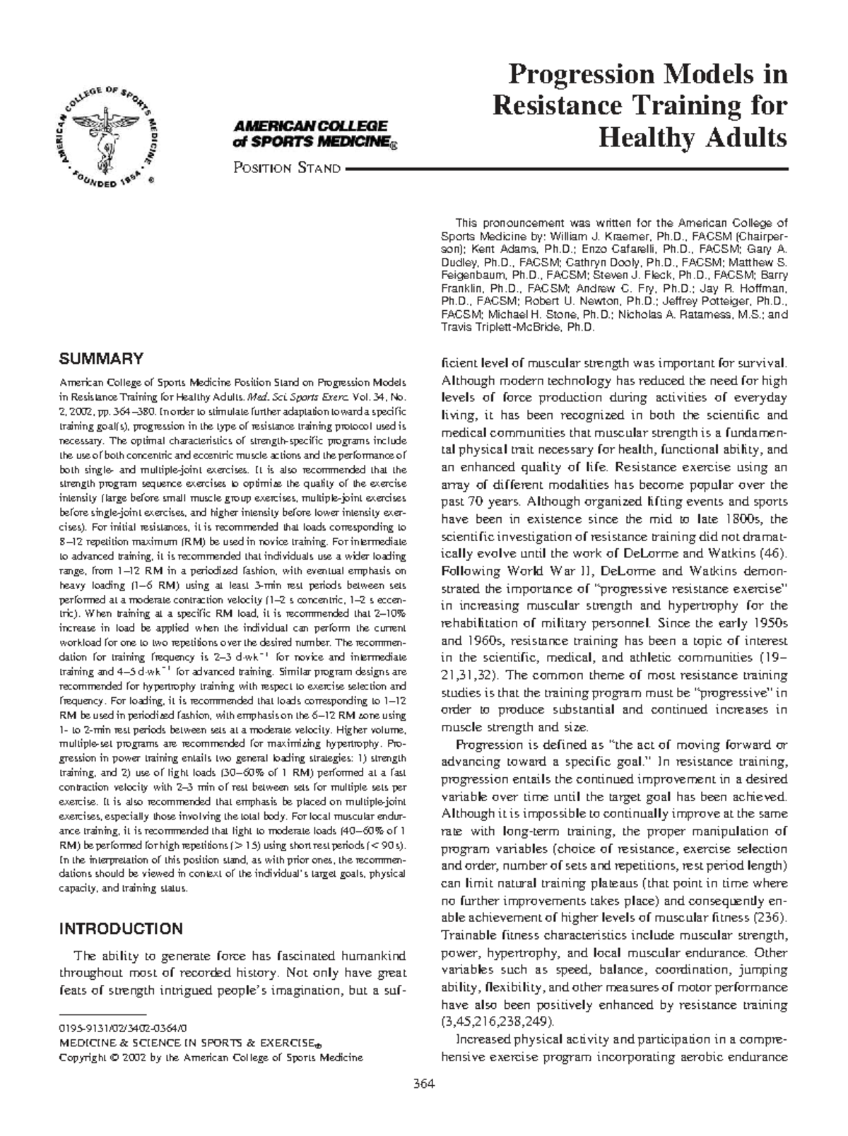ACSM Position Stand: Progression Models in Resistance Training for ...