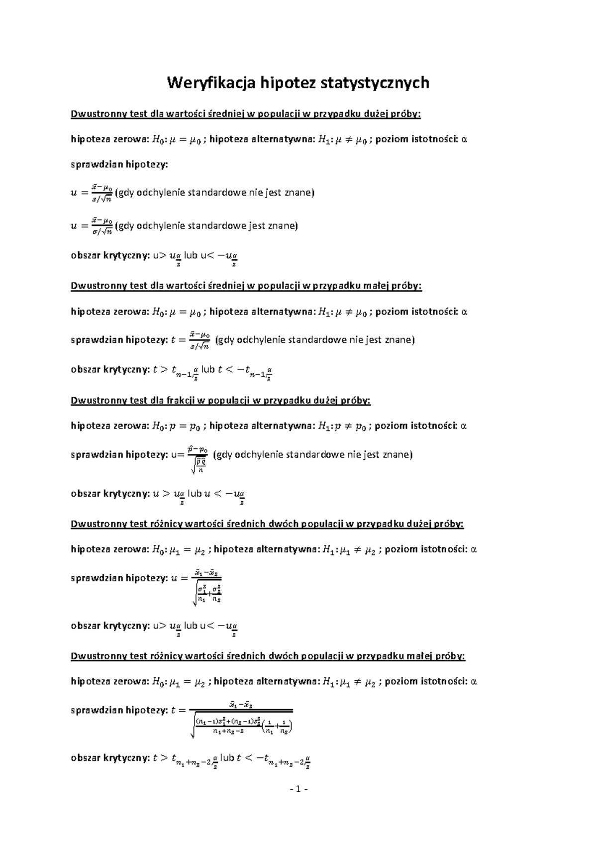 Wzory-statystyka, wszystkie wzory - 1 - Weryfikacja hipotez ...