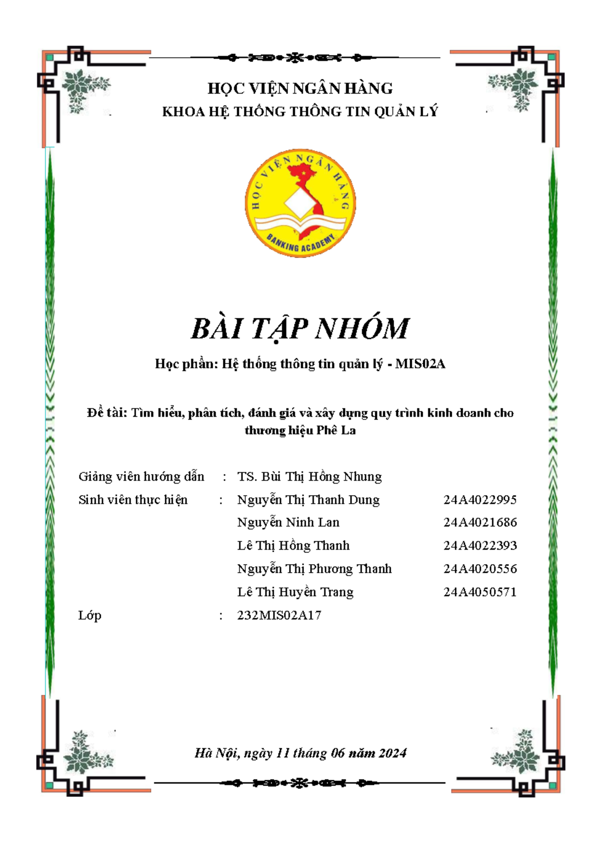 BÀI TẬP NHÓM Hệ Thống Thông Tin Quản Lý MIS02A: Phân Tích Quy Trình ...