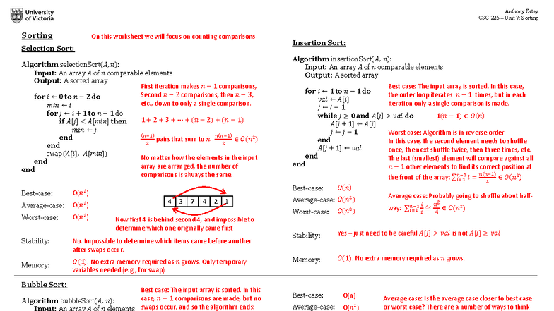 CSC 225 Unit 7: Sorting Algorithms Overview and Comparisons - Studocu