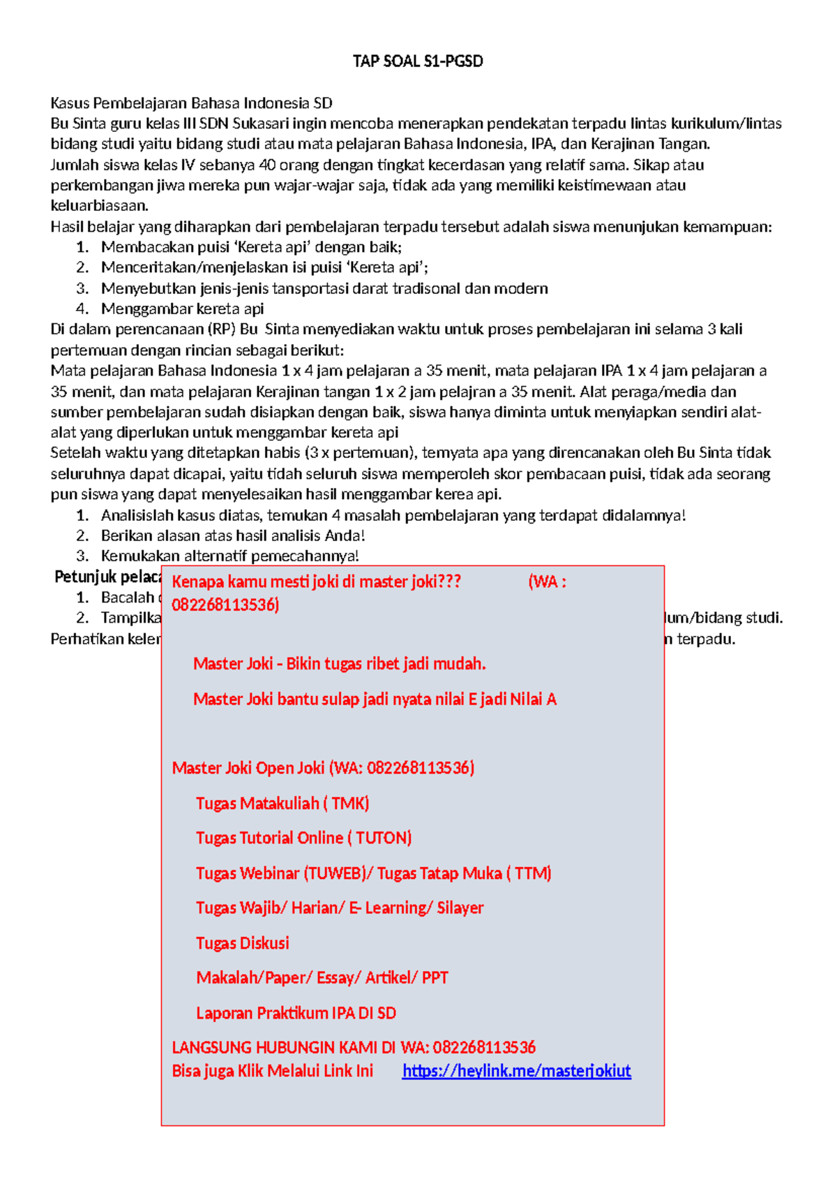 TAP SOAL S1 PDGK4500 - TUGAS TUTORIAL 2: Analisis Kasus Pembelajaran Bu Sinta - Studocu