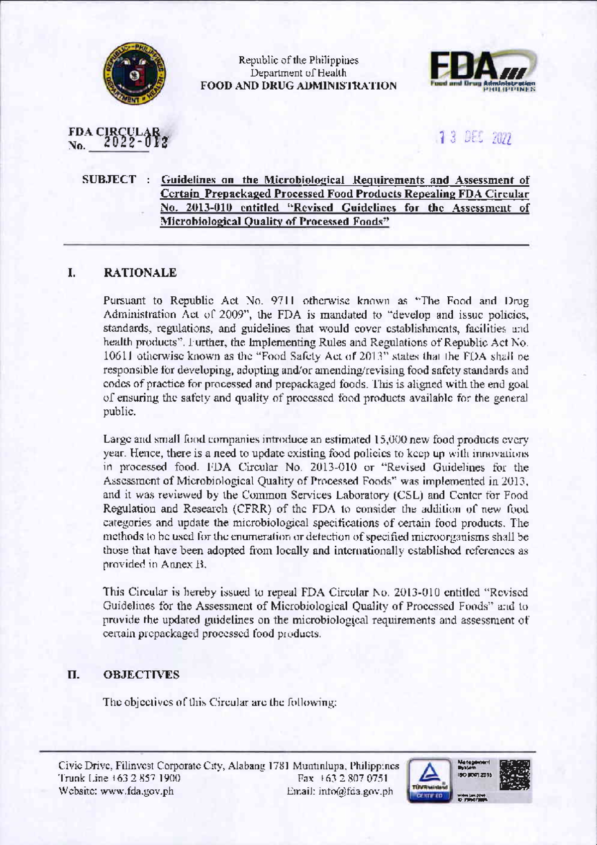 FDA Circular No. 13 (Dec 2022): Microbiological Guidelines for ...