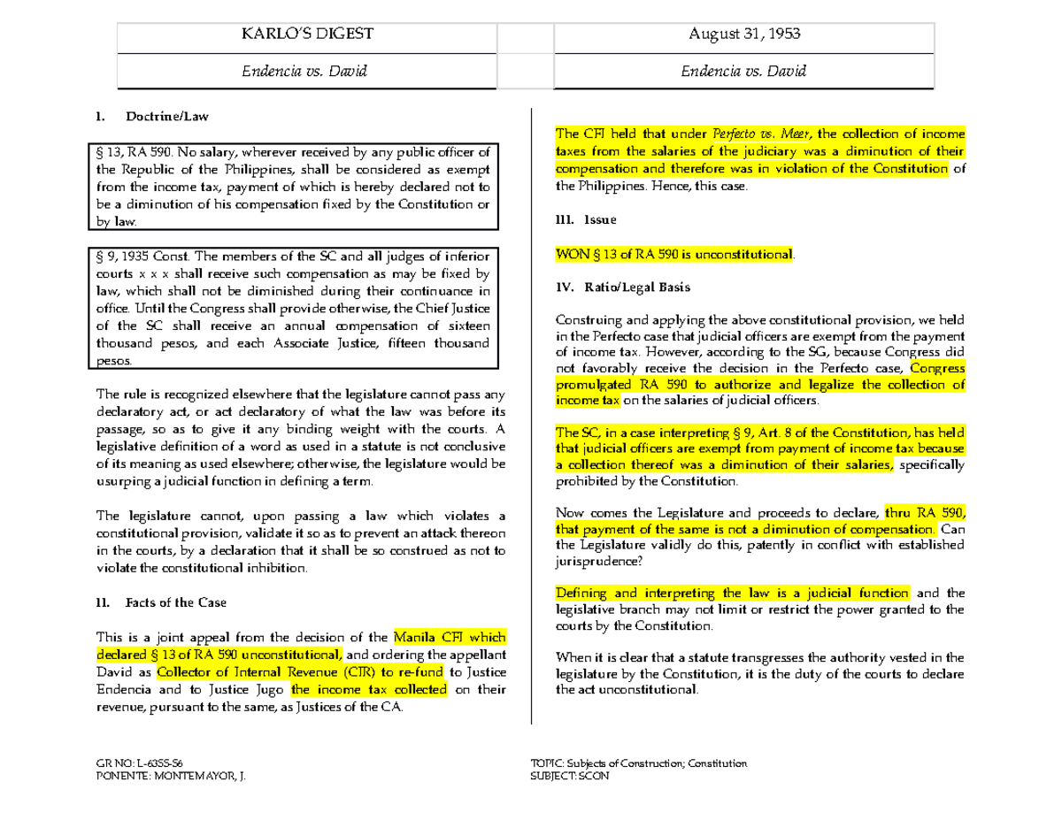 Endencia vs. David: Case Digest & Legal Analysis (GR No. L-6355-56 ...