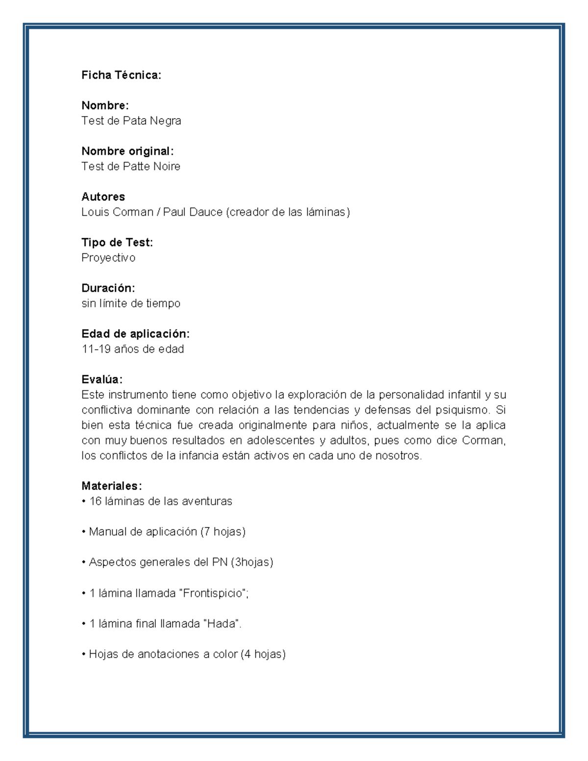 Ficha Técnica del Test Proyectivo Pata Negra (PN) - Studocu
