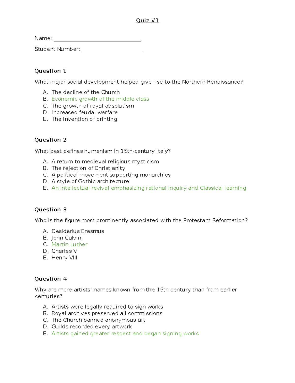 Quiz 1 Answers - Renaissance & Reformation Insights - Studocu