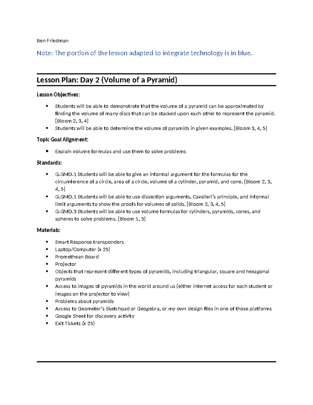 319644491 Lesson Plan: Discovering the Volume of a Pyramid - Studocu