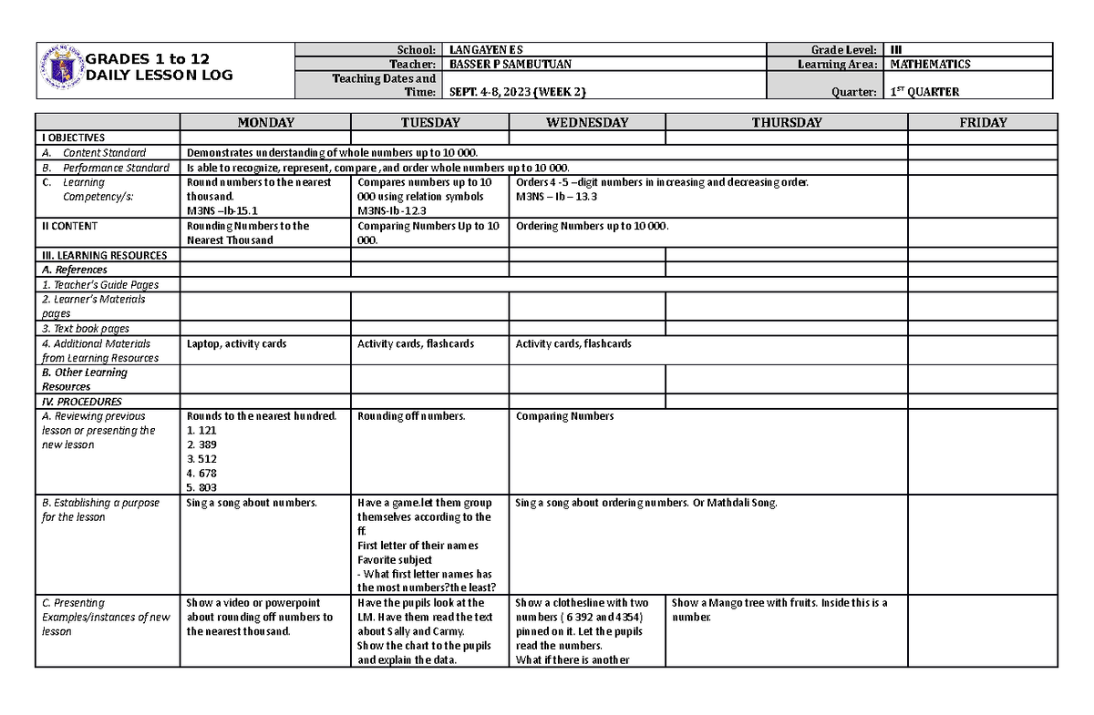 DLL Mathematics 3 Q1 W2 - DLL Math 3 Quarter 1 - GRADES 1 to 12 DAILY ...