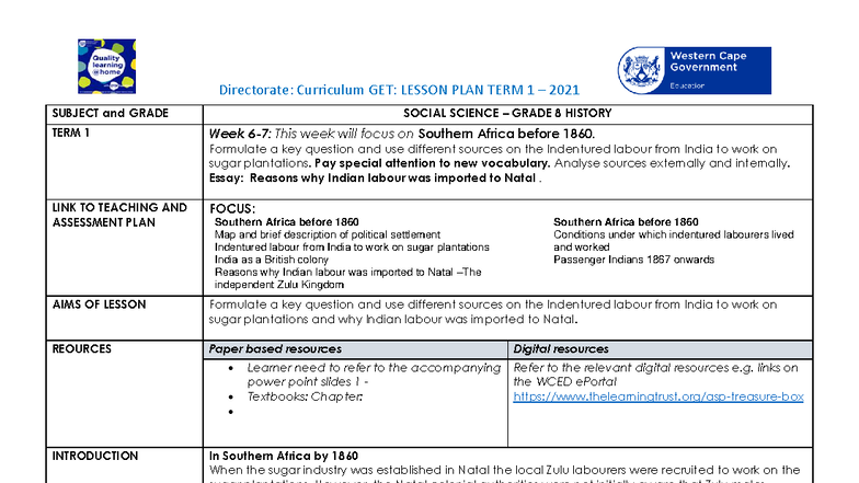 Lesson Plan SP Grade 8 SS History T1: Indentured Labour in Southern ...