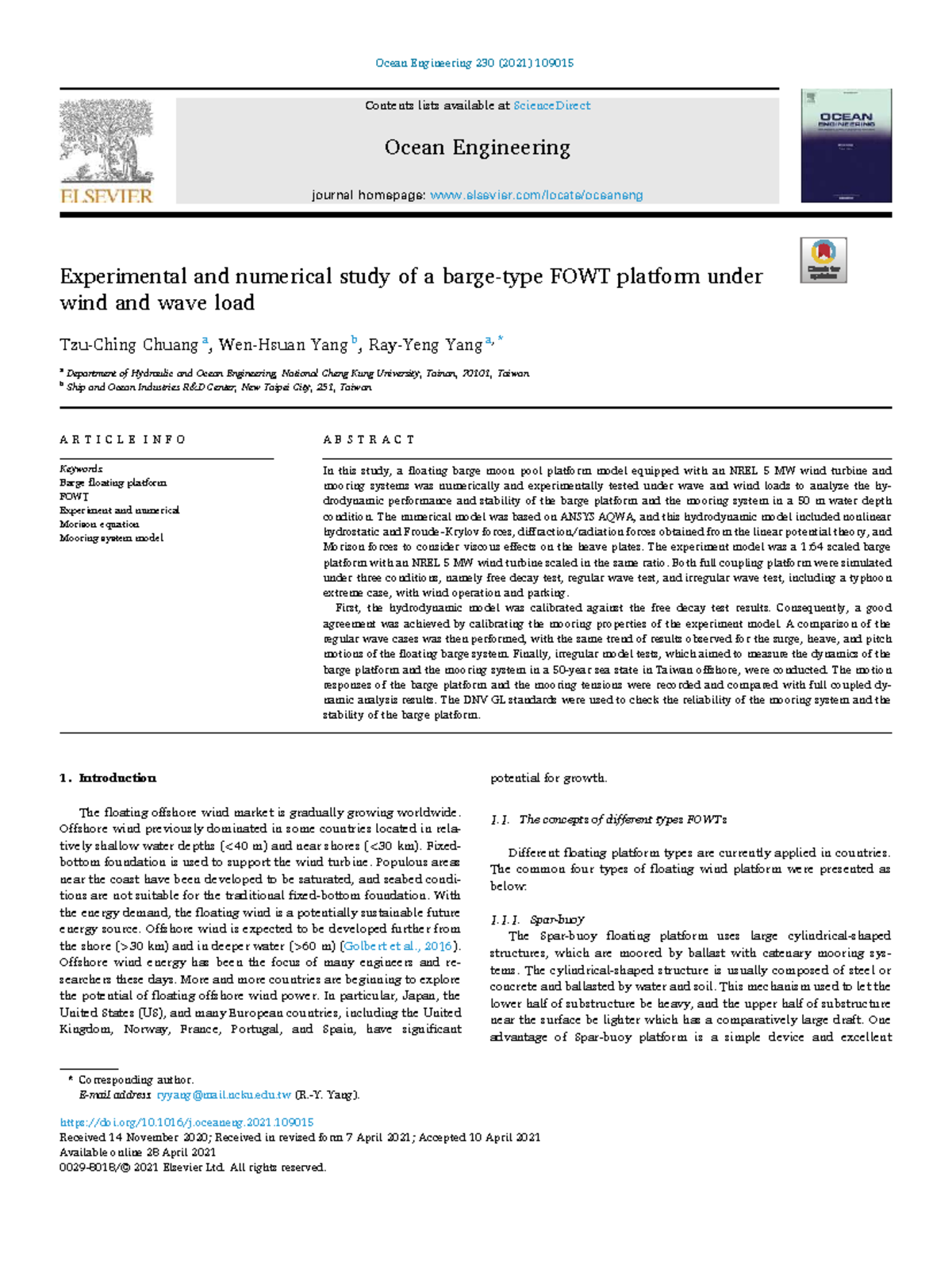 Experimental and Numerical Analysis of Barge-Type FOWT Platform under ...