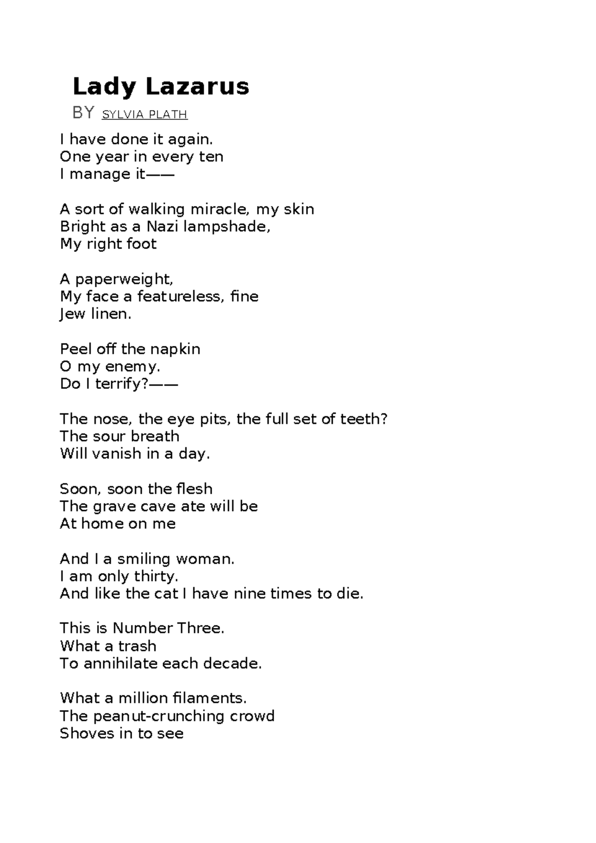 SYLVIA PLATH: An Analysis of "Lady Lazarus" Poem - Studocu