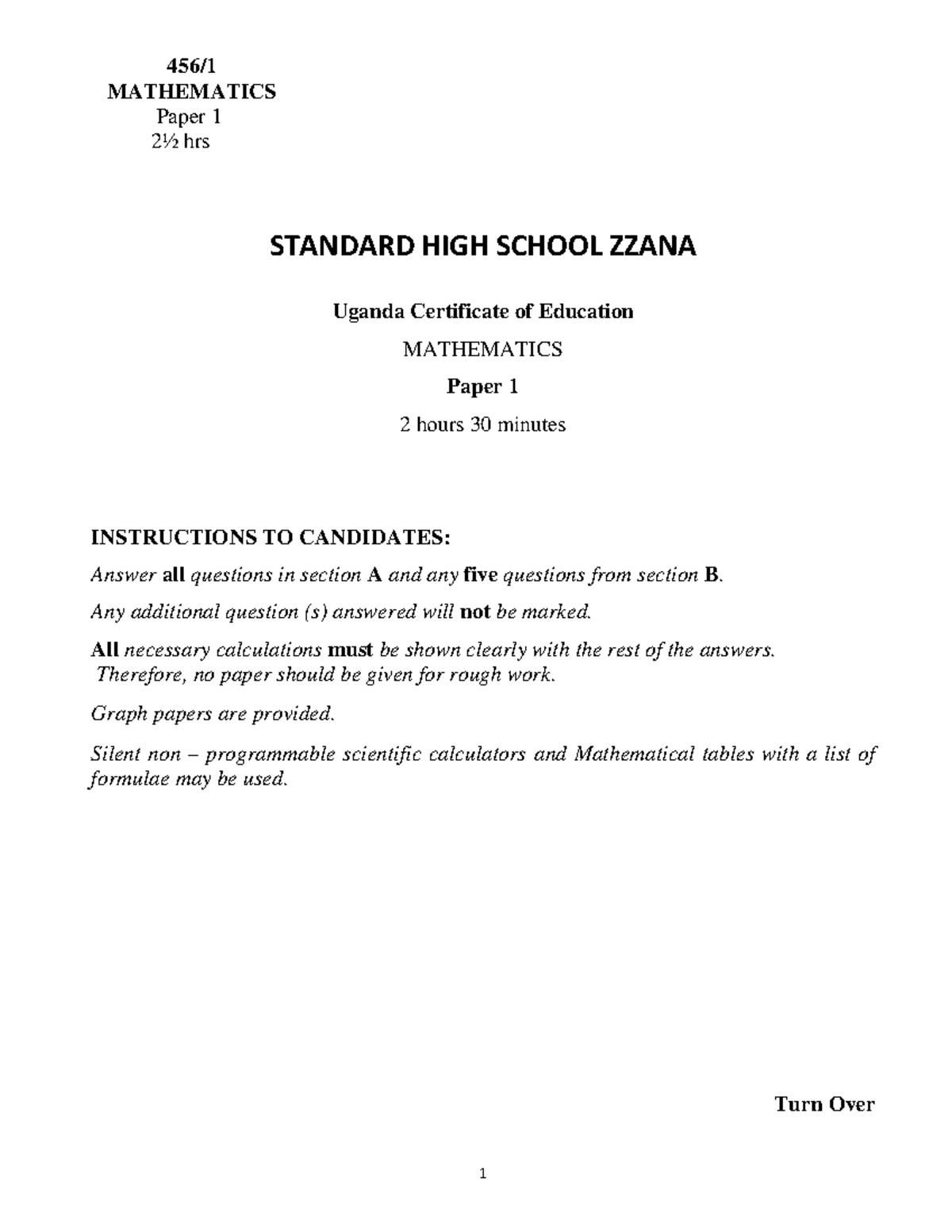 MATHEMATICS Paper 1 - Standard High School Exam (Uganda) - Studocu