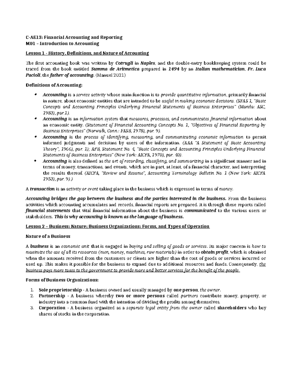 C-AE13 Financial Accounting & Reporting: Key Concepts and Lessons M01 ...