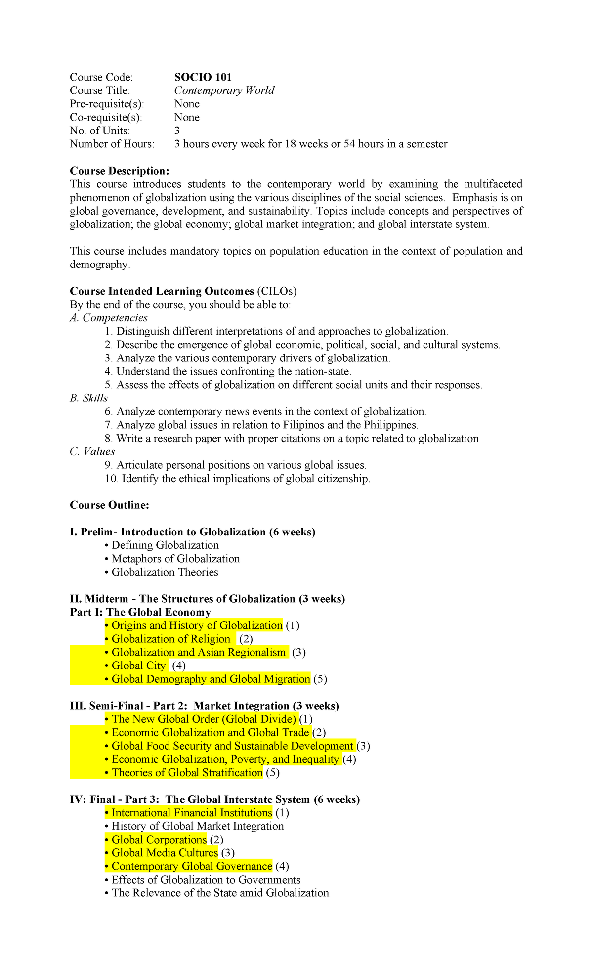 SOCIO 101: Course Outline for Contemporary World and Globalization ...