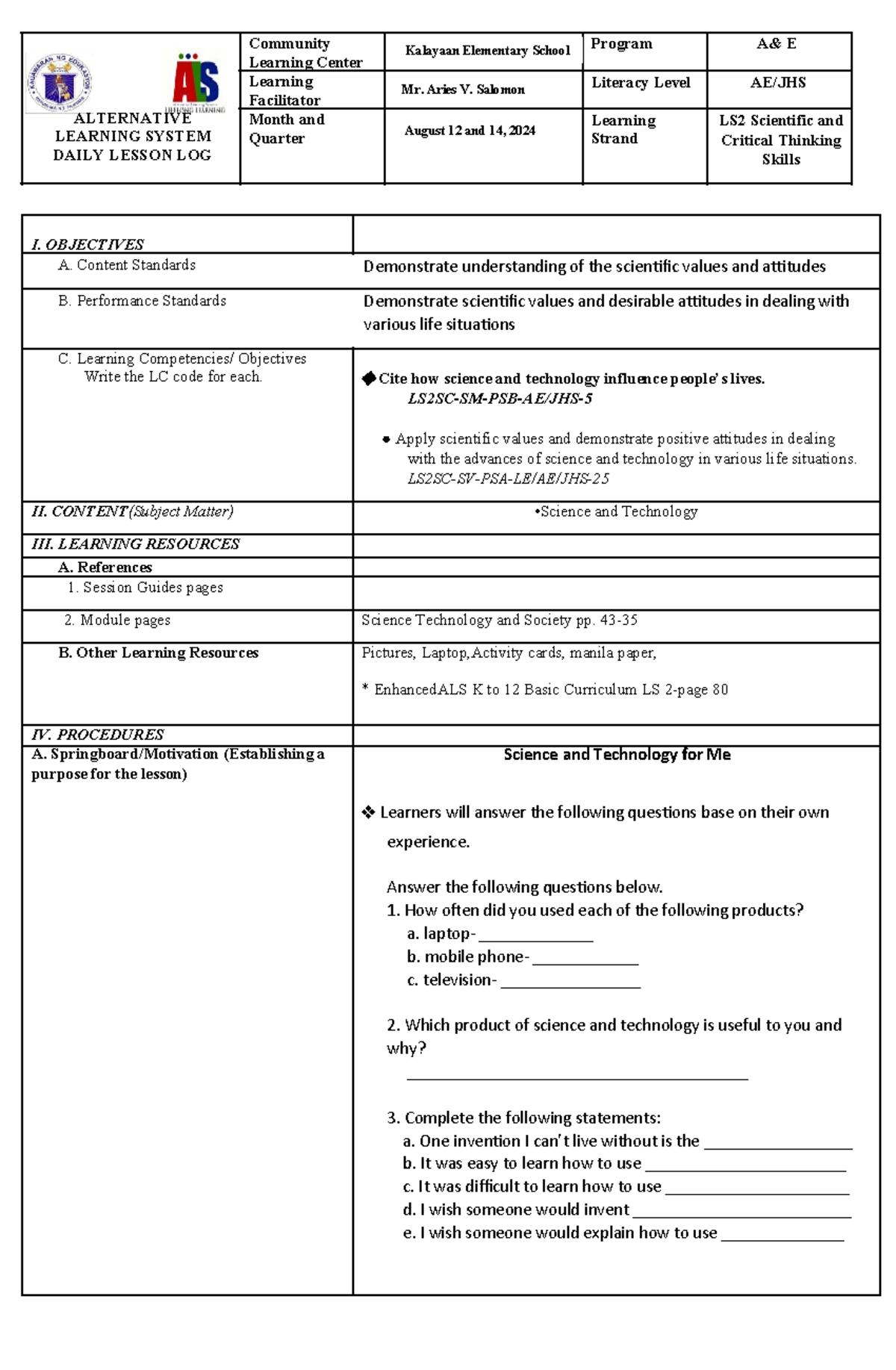 Week 4 LS2 DLL: Science & Technology Daily Lesson Log - Studocu