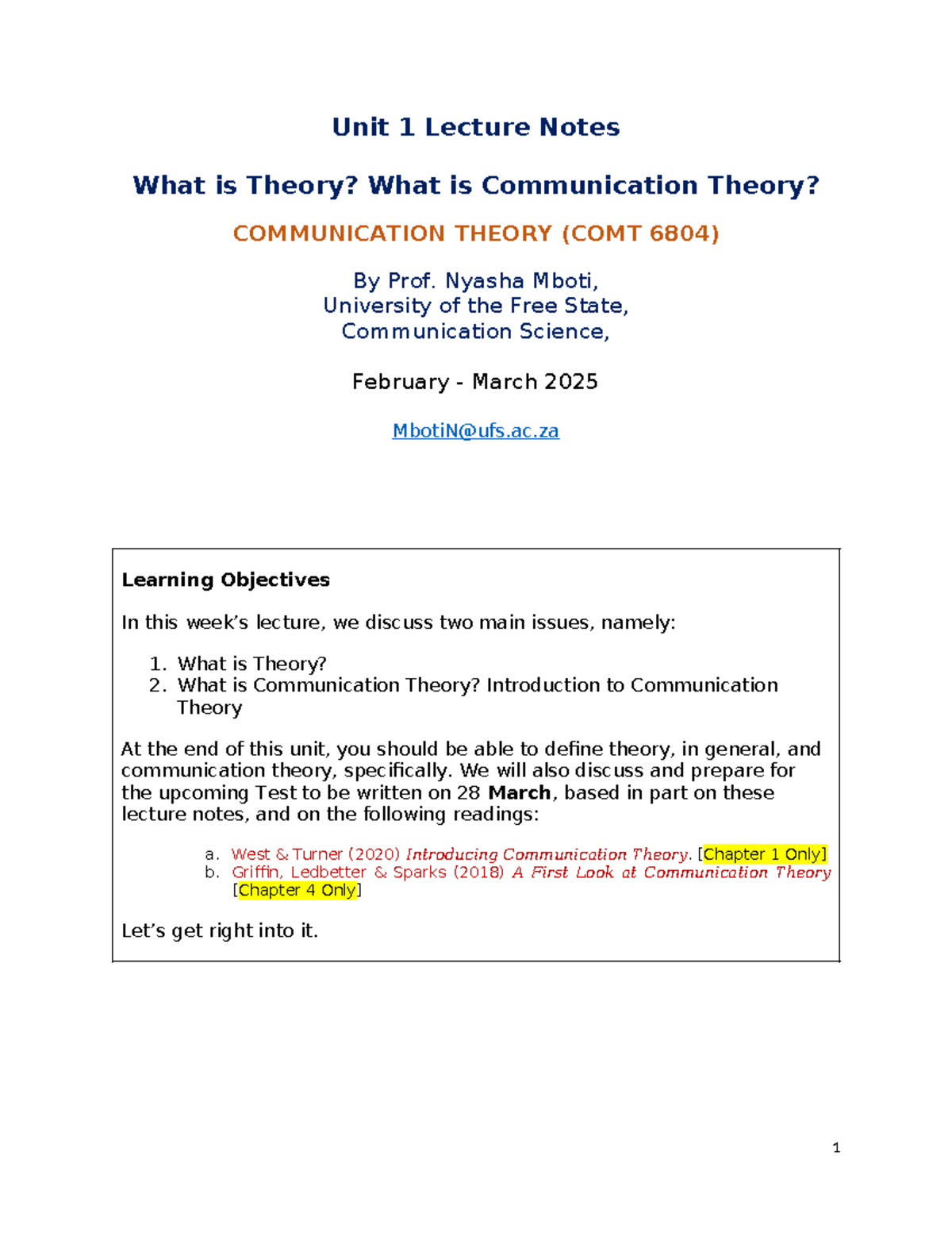 Unit 1 Lecture Notes: Understanding Communication Theory (COMT 6804 ...