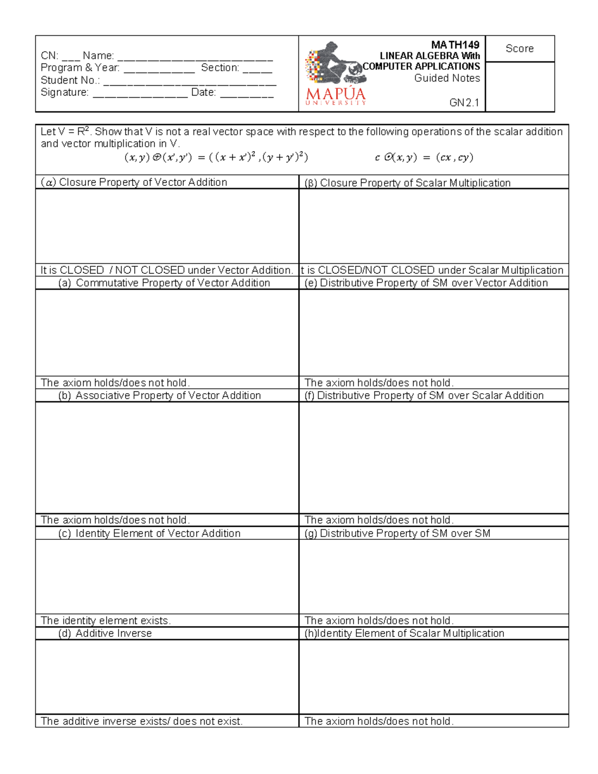 MATH149 Module 2 Guided Notes: Linear Algebra Concepts & Solutions ...