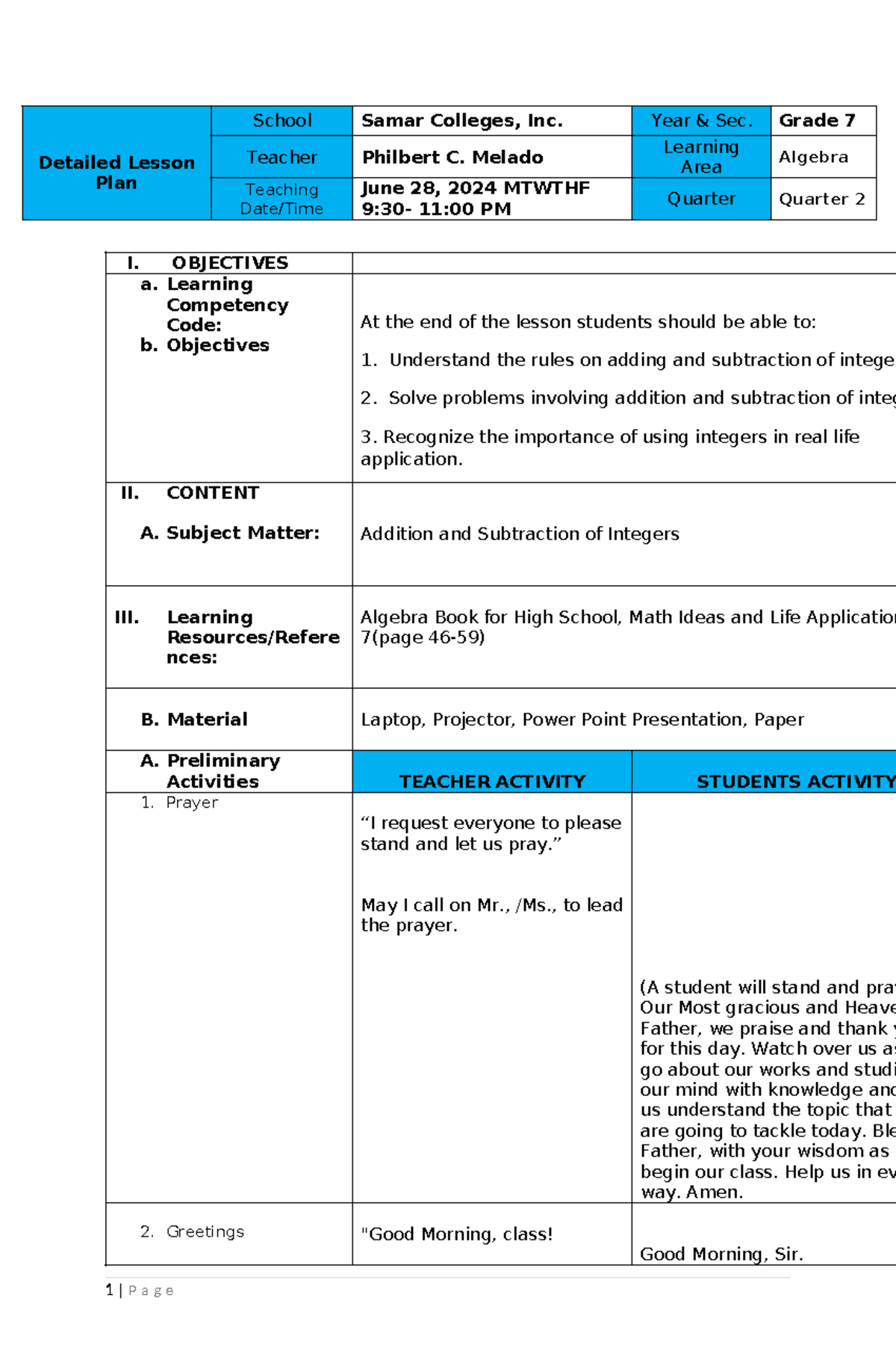 Melado DLP - N/A - Detailed Lesson Plan School Samar Colleges, Inc ...