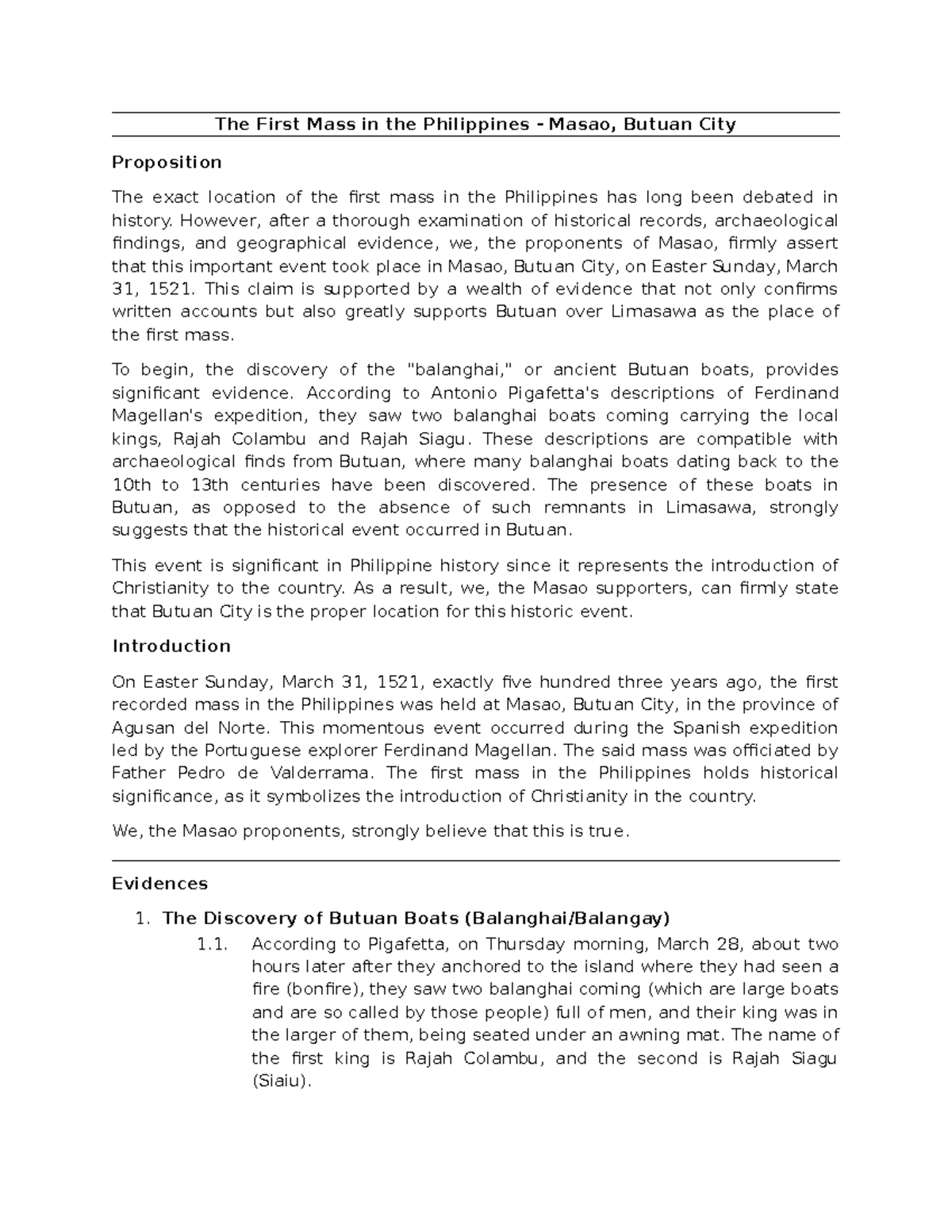 The First Mass in the Philippines: Evidence for Masao, Butuan City ...