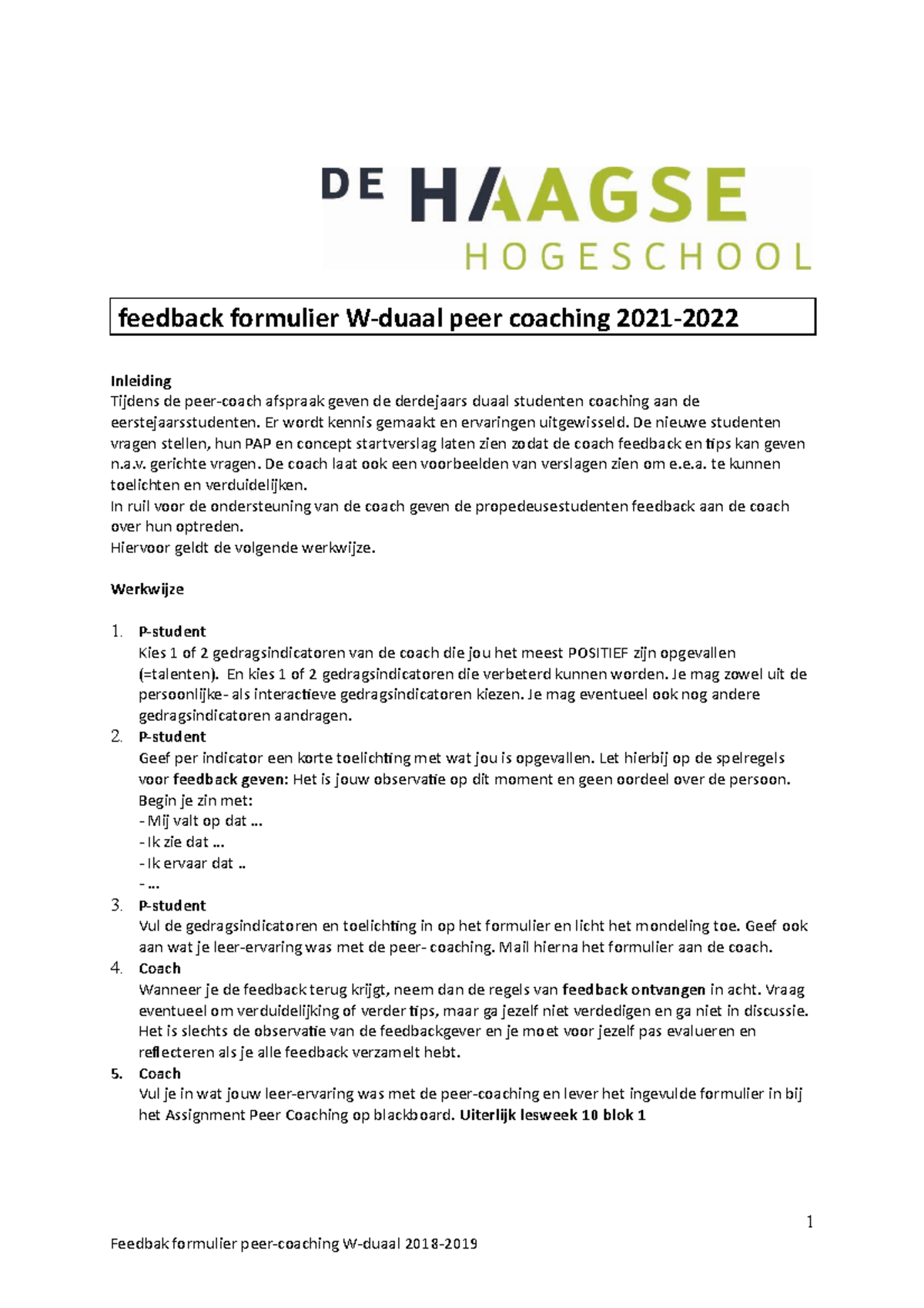 Peer Coaching Feedback Formulier W-duaal 2021-2022 - Studeersnel