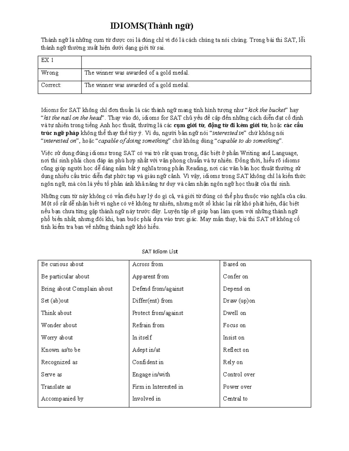 IDIOMS for SAT: Understanding and Correcting Common Errors - Studocu