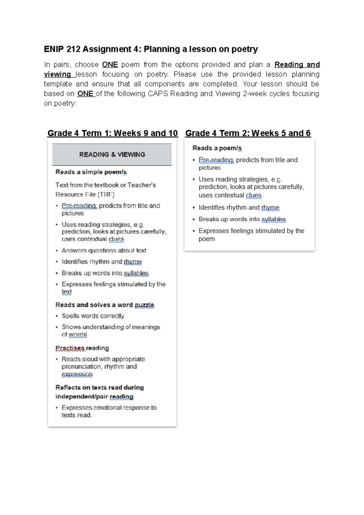 ENIP 212 Assignment 4: Poetry Lesson Planning Guide - Studocu