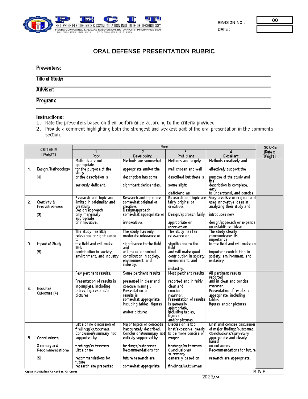 Pecit ORAL Defense Presentation Rubric and Score Sheet - Studocu