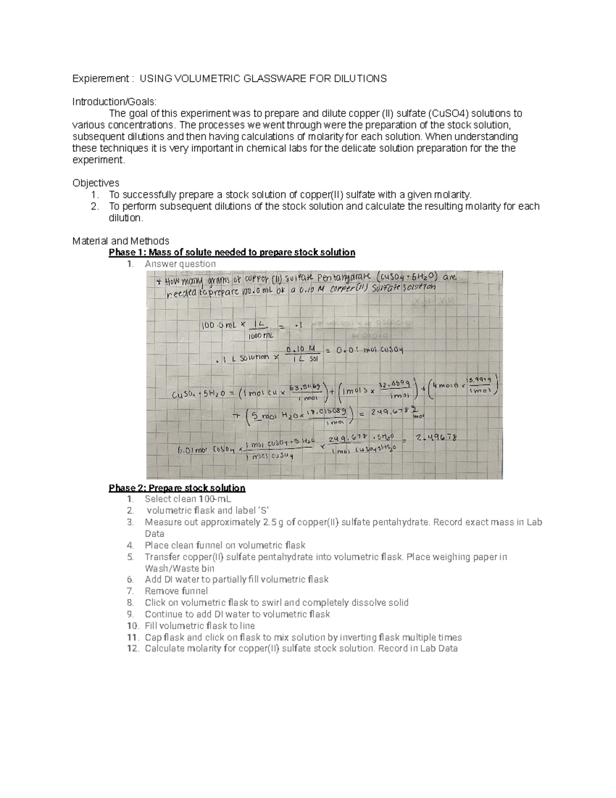 Experiment Using Volumetric Glassware for Dilutions - CHEM 216 - Studocu