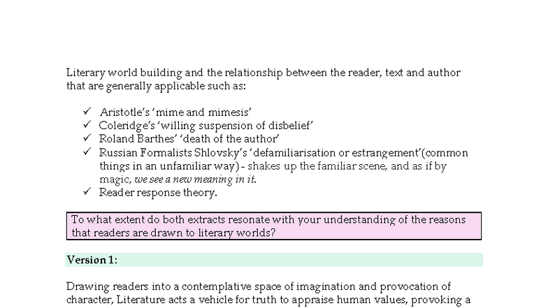 LW Response: Exploring Reader Engagement in Literary Worlds - Studocu